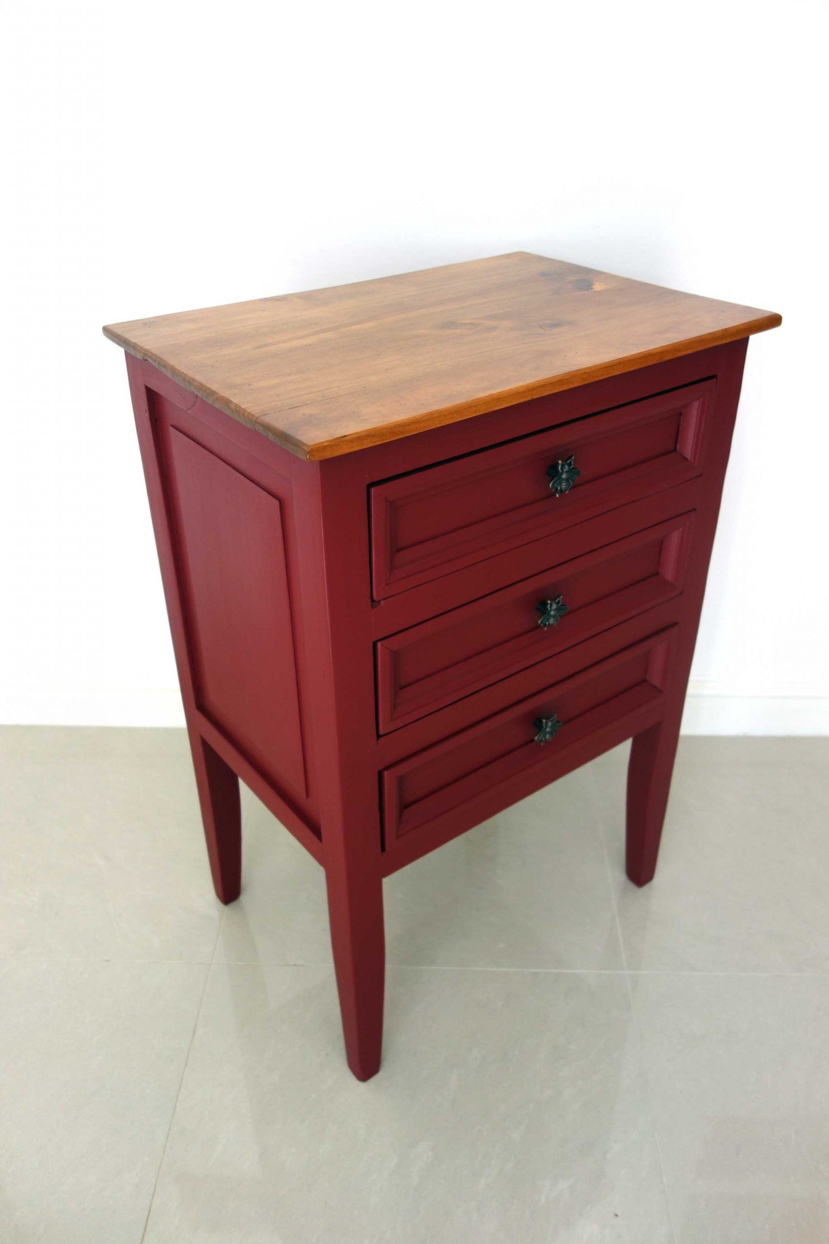Upcycled cranberry side table with bee handles - Woodwork Matters